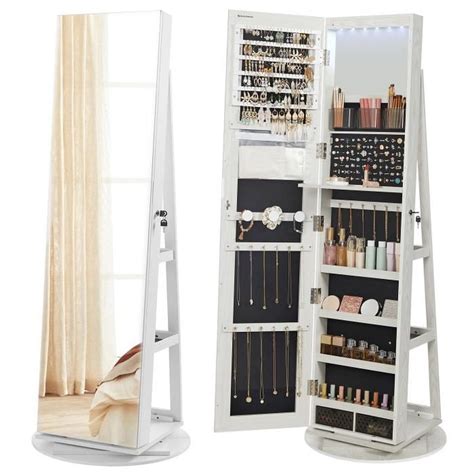 Armoire à Bijoux avec Miroir sur Pieds Verrouillable avec 6 LED