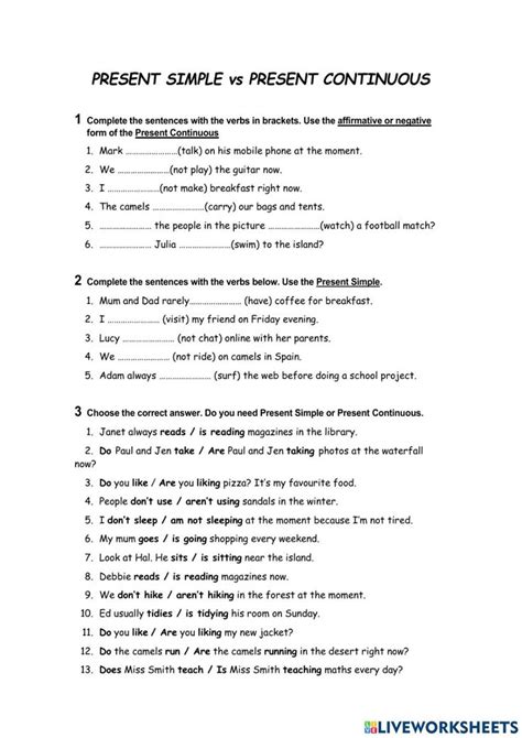 Ejercicio online de Present Simple vs Present Continuous para 1º ESO en