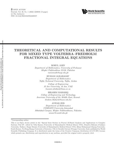 pdf theoretical and computational results for mixed type volterra fredholm fractional integral