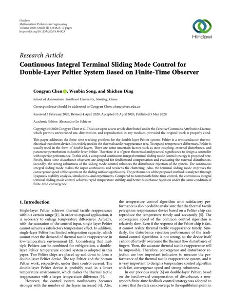pdf continuous integral terminal sliding mode control for double layer peltier system based on