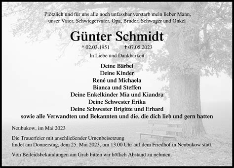 Traueranzeigen von Günter Schmidt trauer anzeigen de