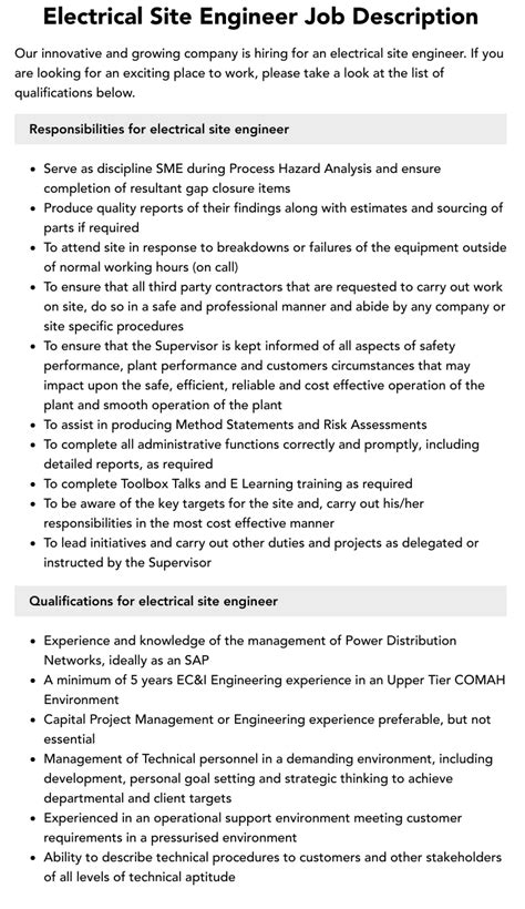 Electrical Site Engineer Job Description Velvet Jobs