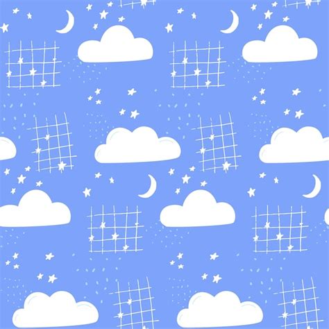 Fondo De Cielo Nocturno Con Nubes Luna Y Estrellas Dibujadas A Mano
