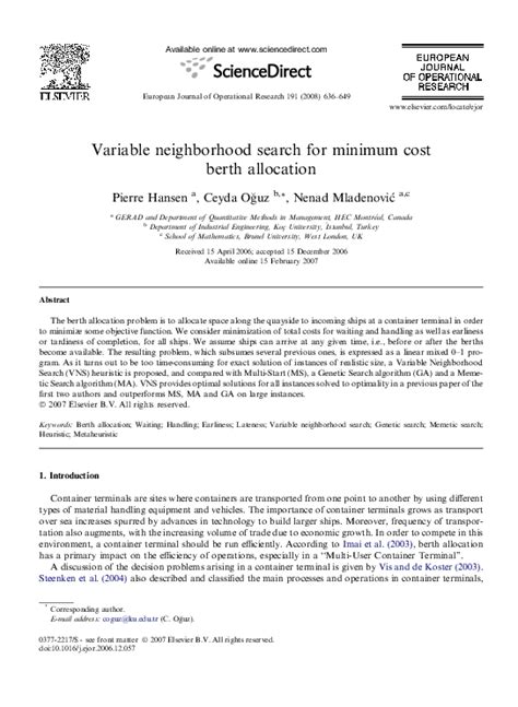 pdf variable neighborhood search for minimum cost berth allocation nenad mladenović