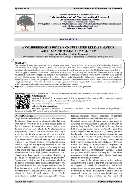 PDF A COMPREHENSIVE REVIEW ON SUSTAINED RELEASE MATRIX TABLETS A
