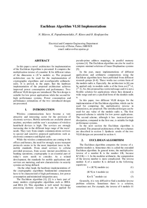pdf euclidean algorithm vlsi implementations paris kitsos