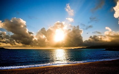 Wallpaper Sunlight Sunset Sea Shore Sand Reflection Sky Clouds