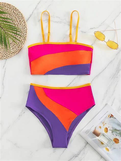 Color Block Bikini Set Contrast Binding Cami Top High Waisted Bottom