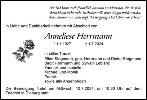 Traueranzeigen Von Anneliese Herrmann Vrm Trauer De