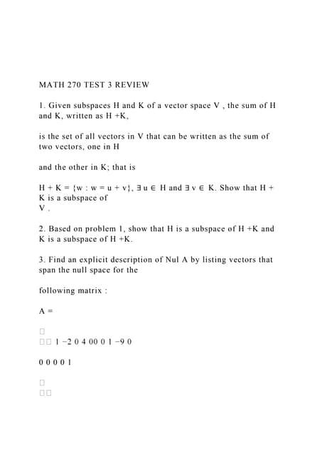 math 270 test 3 review1 given subspaces h and k of a vect docx