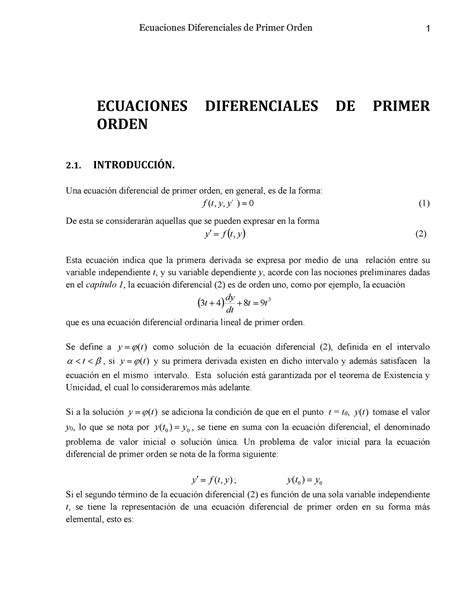Ecuaciones Diferenciales DE Primer Orden INTRODUCCIÓN Una ecuación
