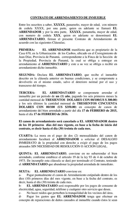 Modelo Contrato Arrendamiento De Vivienda Contrato De Arrendamiento