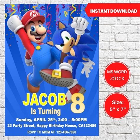 Sonic And Super Mario Bros Party Birthday Invitation