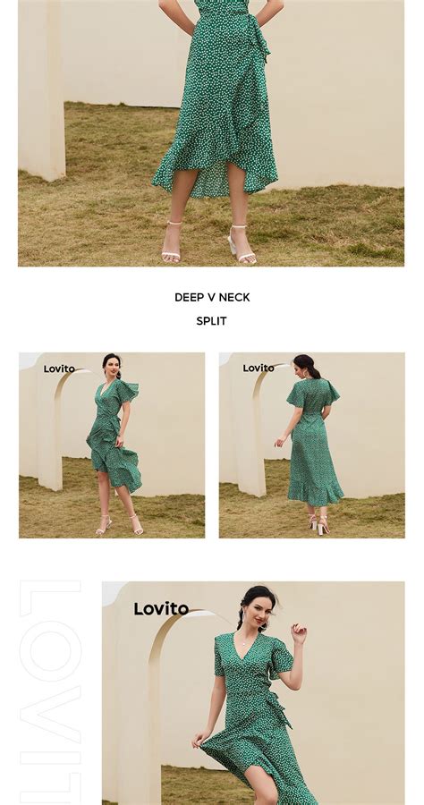 Lovito Boho Floral Print Split Deep V Neck Lace Up Long Dress For Woman