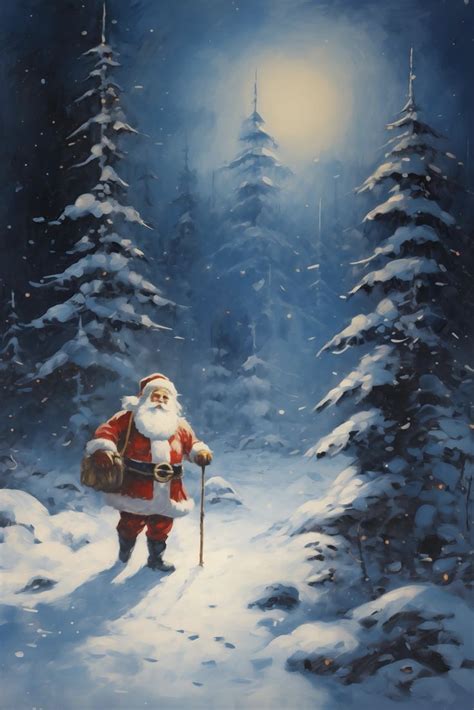 A Painting Of Santa Claus Walking Through The Snow