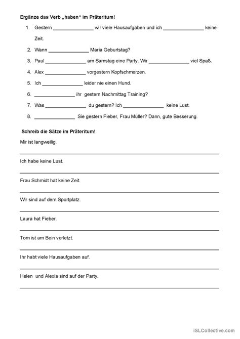 Präteritum von haben und sein Deutsch DAF Arbeitsblätter pdf doc
