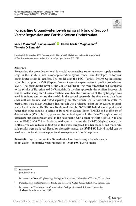 forecasting groundwater levels using a hybrid of support vector regression and particle swarm