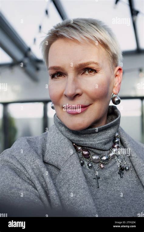 Selfie Of Beautiful Mature Blonde Woman With Short Haircut Close Up Portrait Of Stylish Middle