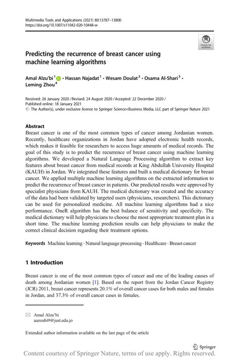 predicting the recurrence of breast cancer disease using machine learning algorithms request pdf