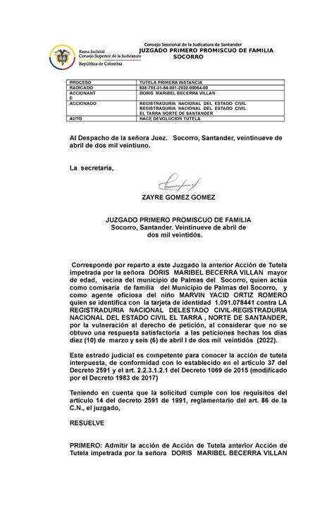 Admite Tutela Consejo Seccional De La Judicatura De
