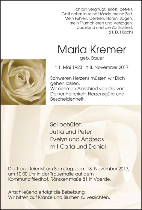 Traueranzeigen Von Maria Kremer Trauer In NRW De