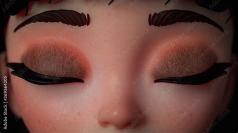 3d Cartoon Character Girl With Big Eyes Closed Close Up Portrait Of Beautiful Brunette