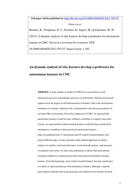 pdf a dynamic analysis of why learners develop a preference for autonomous learners in