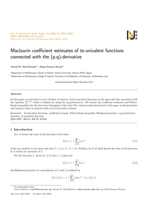 pdf maclaurin coefficient estimates of te univalent functions connected with the p q derivative