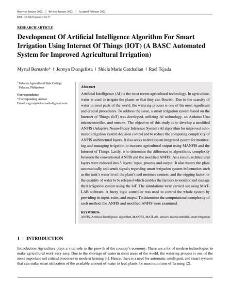 pdf development of artificial intelligence algorithm for smart irrigation using internet of