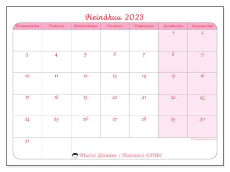Tulostettavat kalenteri heinäkuu 2023 63MS Michel Zbinden FI