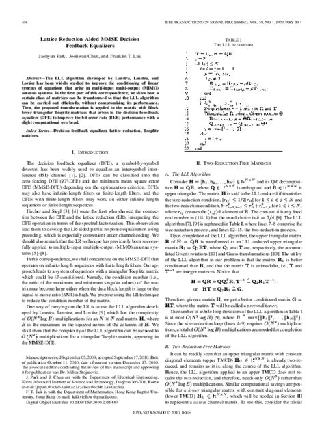 pdf lattice reduction aided mmse decision feedback equalizers joohwan chun