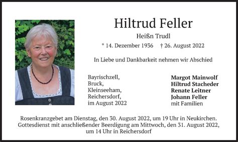 Traueranzeigen Von Hiltrud Feller Trauer Merkur De