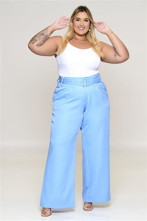 Calça Pantalona Plus Size Alfaiataria Azul Vk Moda Plus Size