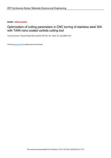 pdf optimization of cutting parameters in cnc turning of stainless steel 304 with tialn nano