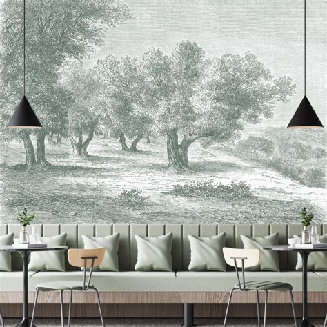 Papier Peint Panoramique Sur Mesure Gravure Les Oliviers Ciment