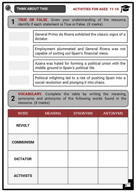 Free Spanish Civil War Worksheets