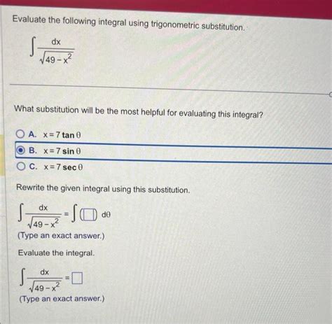 [solved] evaluate the following integral using trigonometr