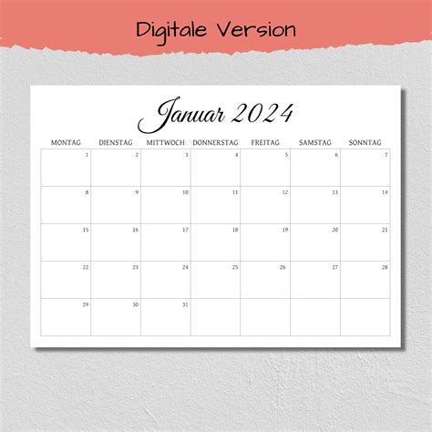 Monatsplaner Kalender 2024 Deutsch DIN A4 Digitale Version PDF Zum