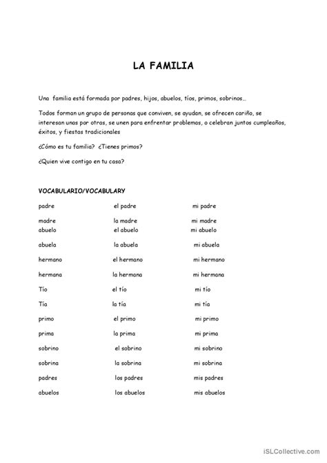 LA FAMILIA comprensión lector Español ELE hojas de trabajo pdf doc