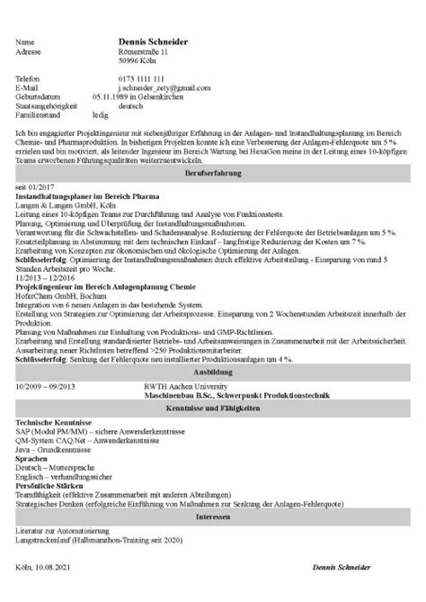Lebenslauf Ingenieur Beispiel Vorlage Muster 2024