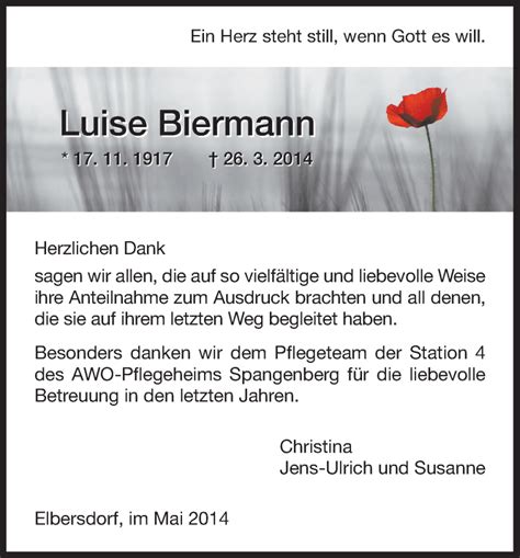 Traueranzeigen Von Luise Biermann Trauer HNA De