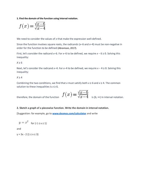 written assignment unit 1 math 1201 find the domain of the function using interval notation