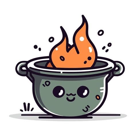 Linda olla de cocina de dibujos animados con fuego ilustración