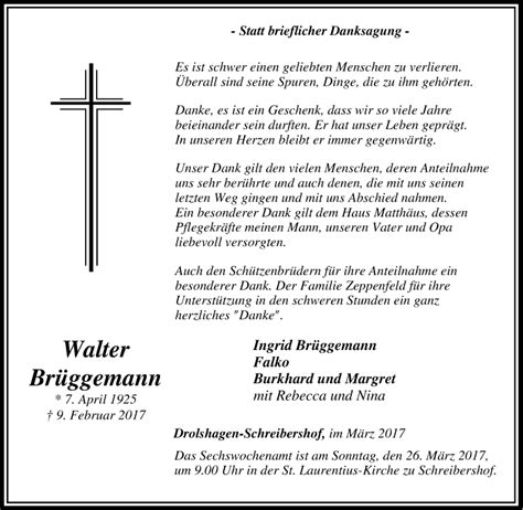Traueranzeigen von Walter Brüggemann Trauer in NRW de