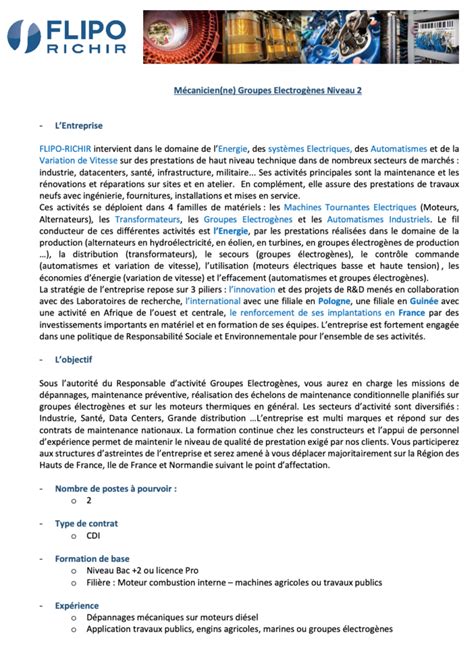 Flipo Richir recrute un e mécanicien ne groupes électrogènes