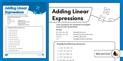 seventh grade adding linear expressions activity twinkl