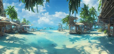 Anime Beach Resort Background Award Winning Digital Stable Diffusion