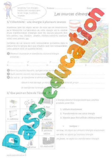 Sources dénergie Cm1 Cm2 Exercices PDF à imprimer par Pass