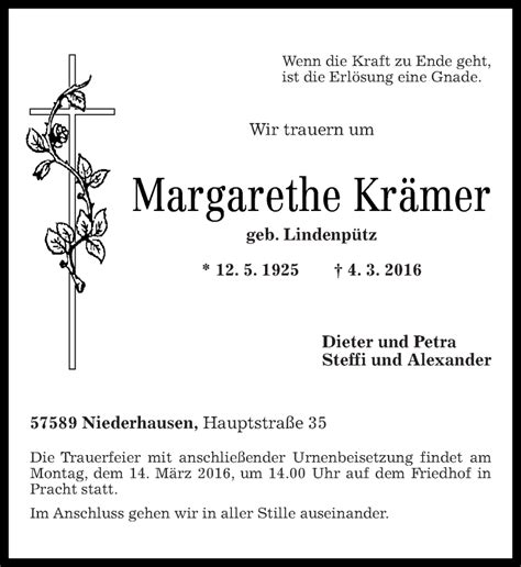 Traueranzeigen von Margarethe Krämer rz trauer de
