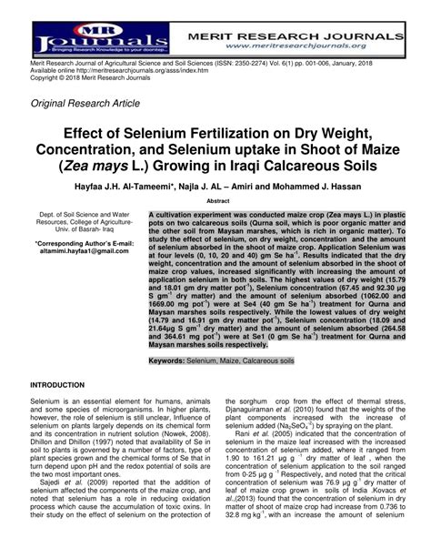 pdf effect of selenium fertilization on dry weight concentration and selenium uptake in